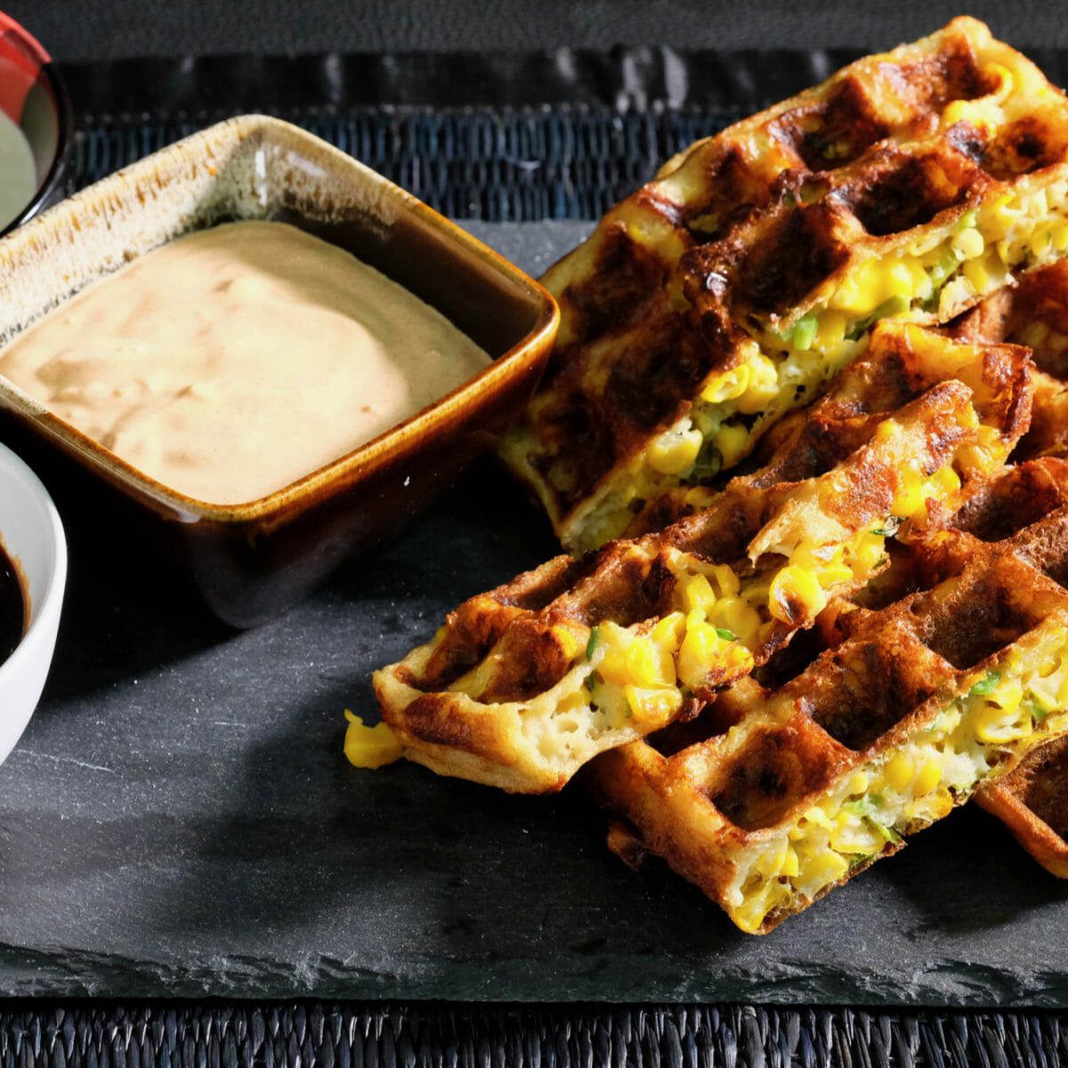 Sweet corn and green onion waffles with three dips - delectabilia