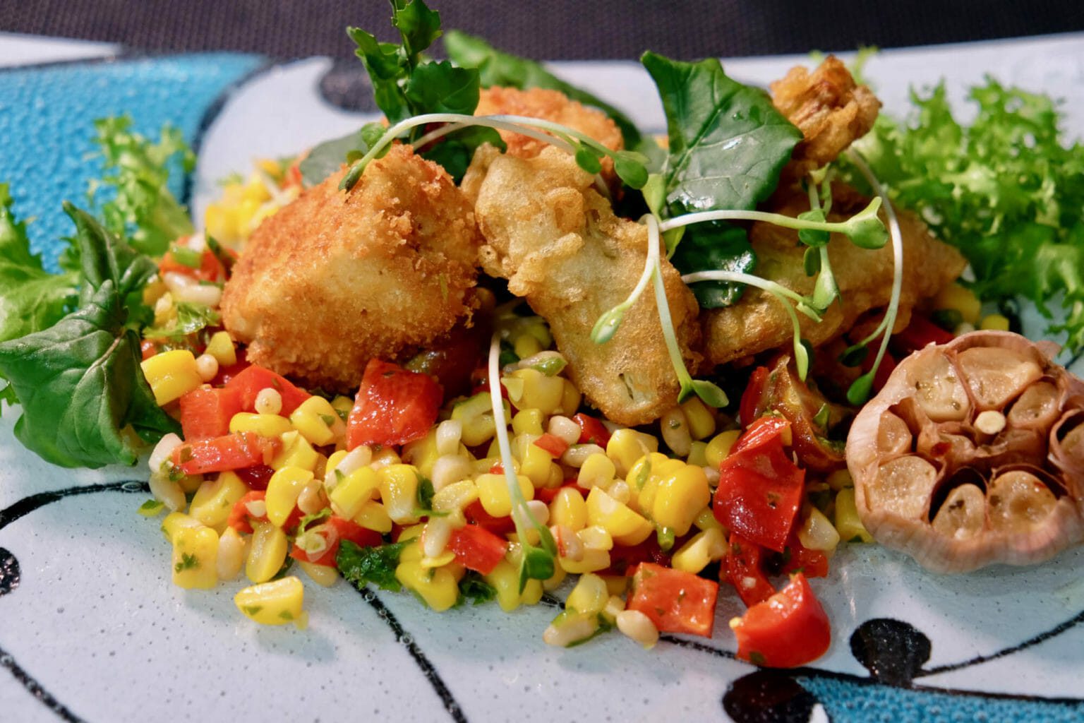 Panko crusted tofu on a corn salsa - delectabilia
