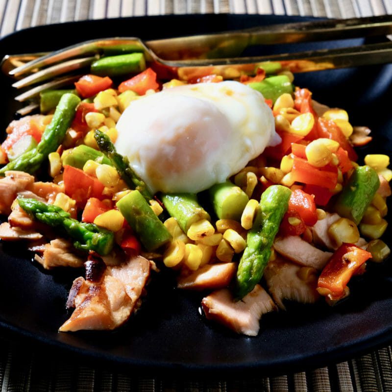 Salmon poached in miso dashi with leeks and baby carrots - delectabilia