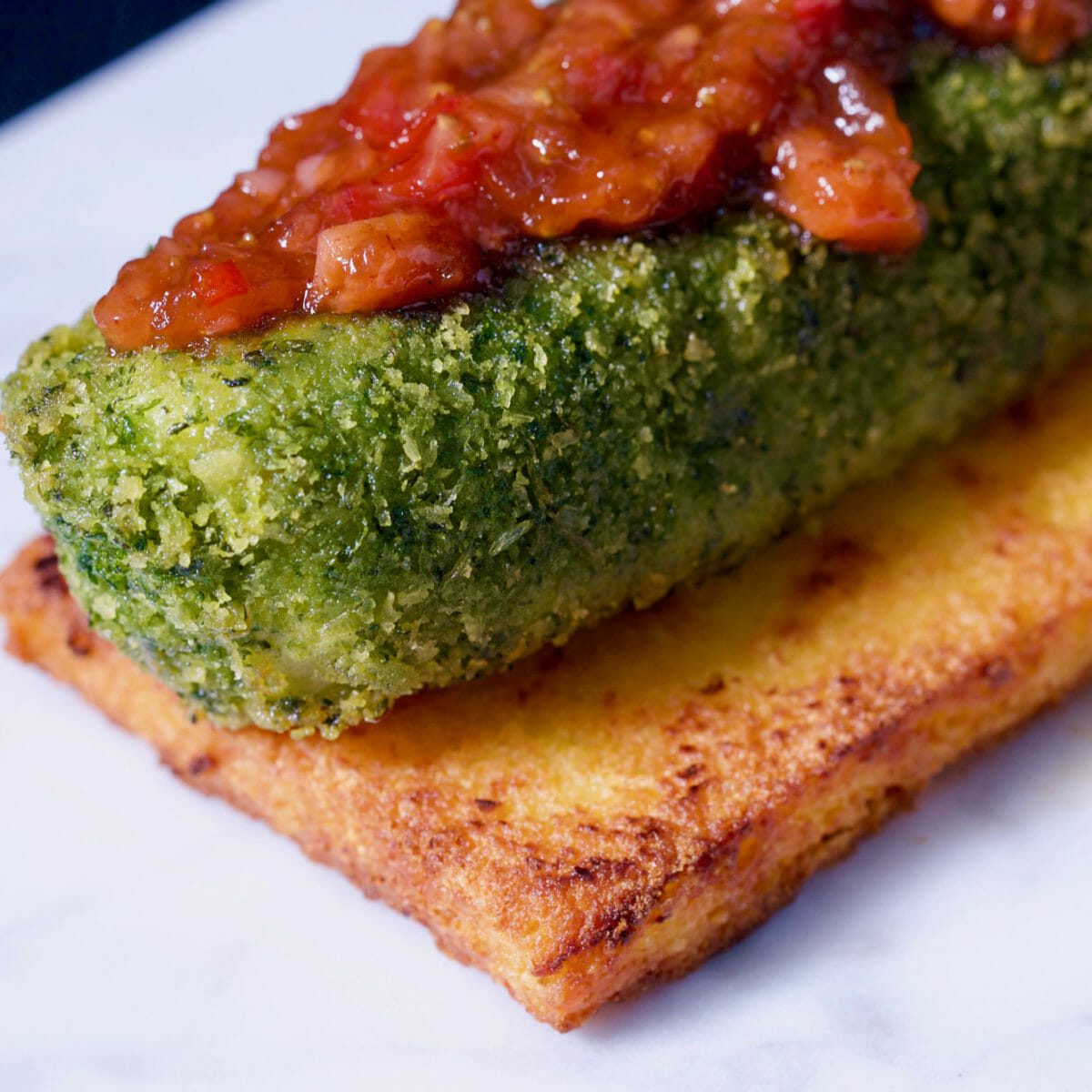 Herb and panko crusted cod on grilled polenta. Strawberry relish ...