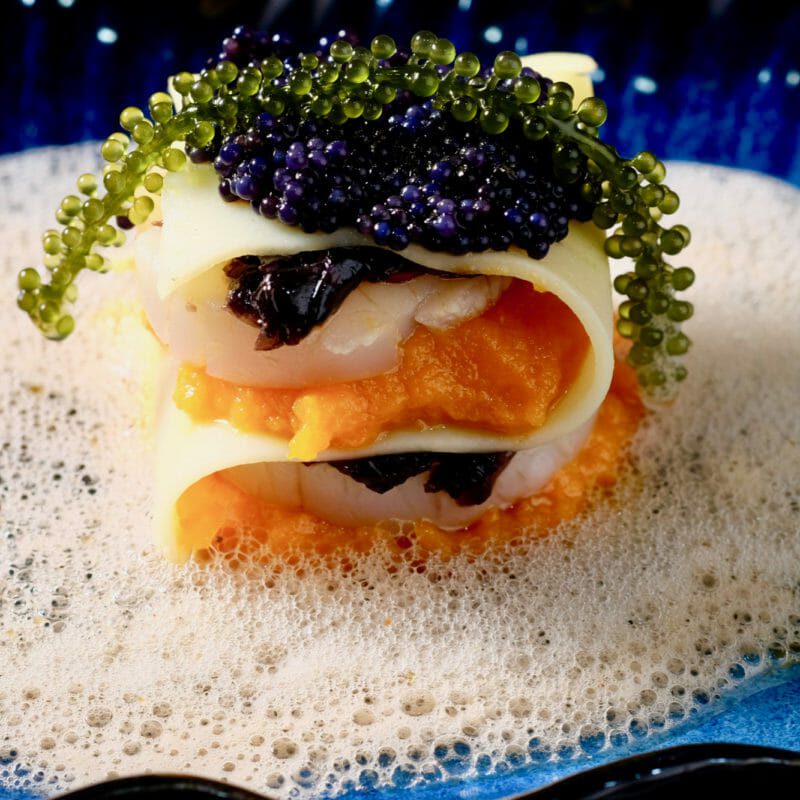 Ocean mini-lasagna with scallop, pickled seaweed, caviar, and dashi ...