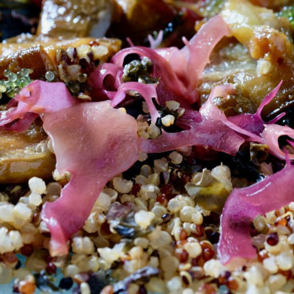 Ocean mini-lasagna with scallop, pickled seaweed, caviar, and dashi ...