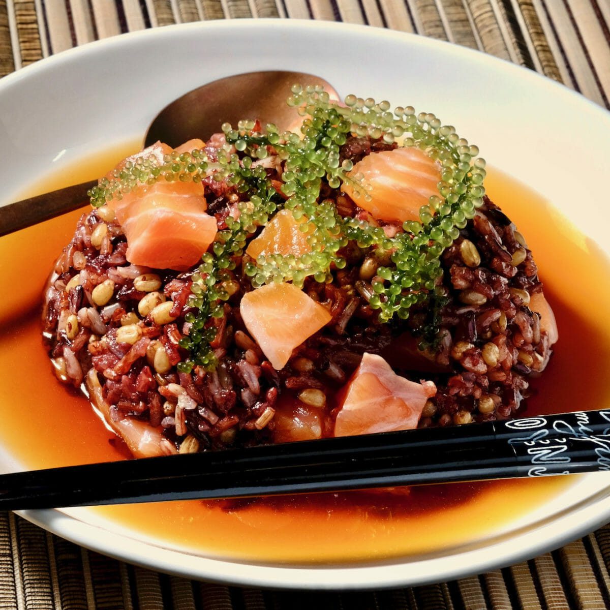 Mixed rice chazuke with miso cured salmon - delectabilia