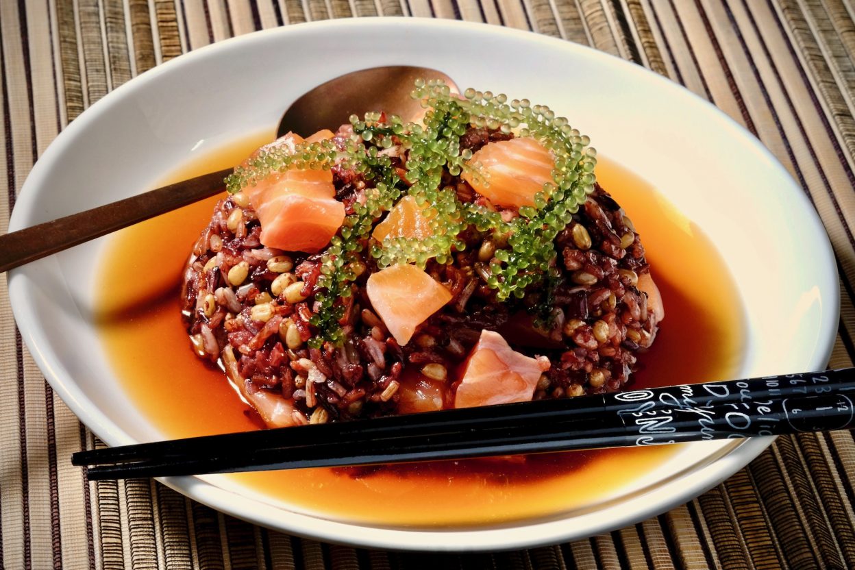 Mixed rice chazuke with miso cured salmon - delectabilia