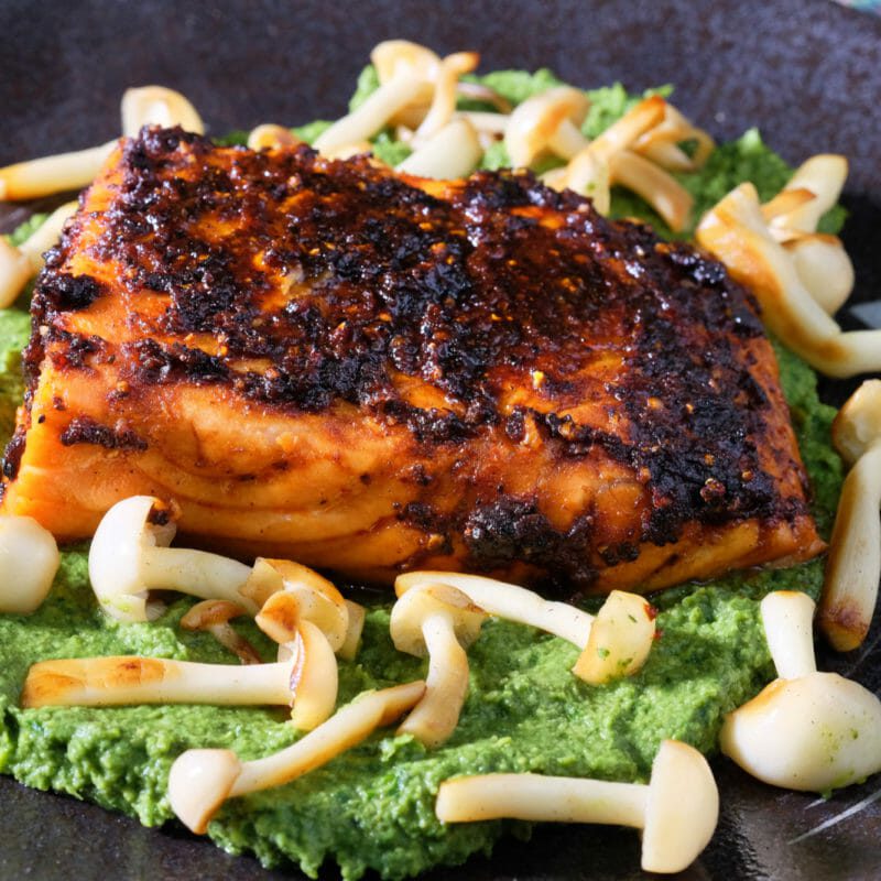 Paprika crusted salmon on spinach hummus - delectabilia