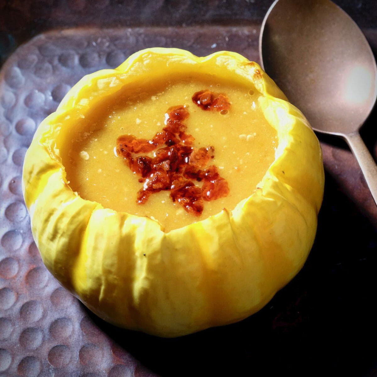 Pumpkin Miso Soup with a Chorizo Drizzle - delectabilia