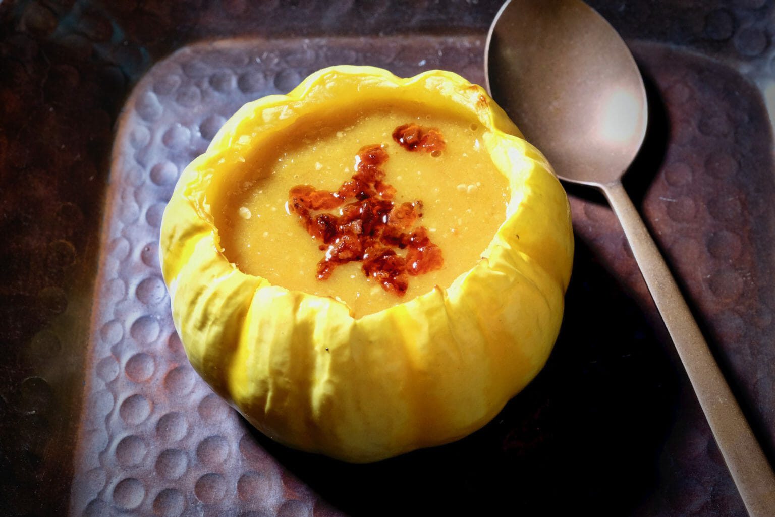 Pumpkin Miso Soup with a Chorizo Drizzle - delectabilia