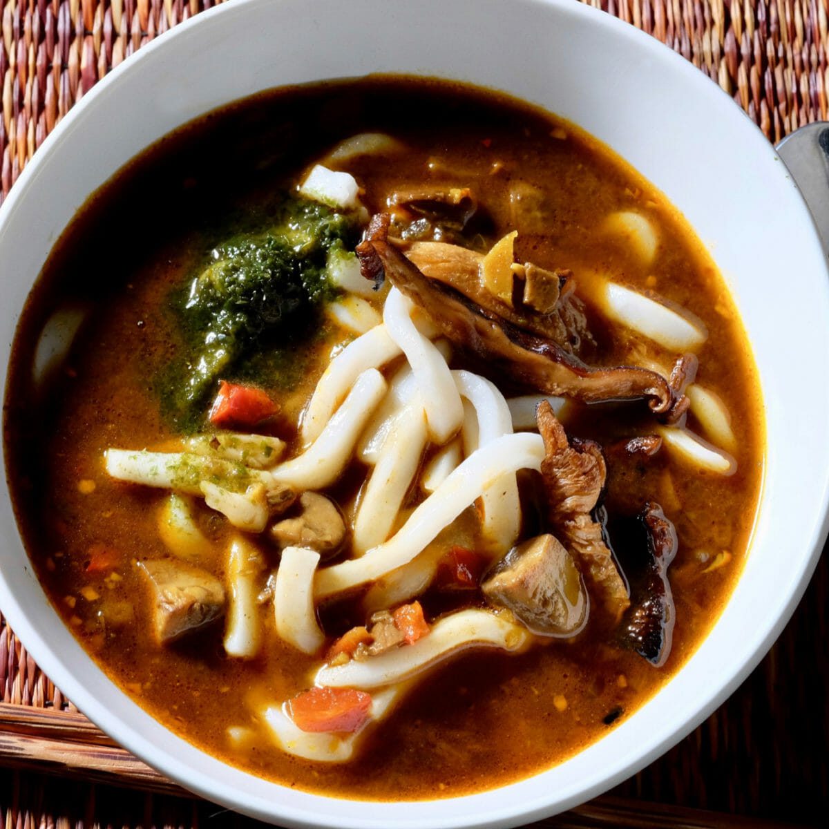 Udon noodles in a mushroom curry broth - delectabilia